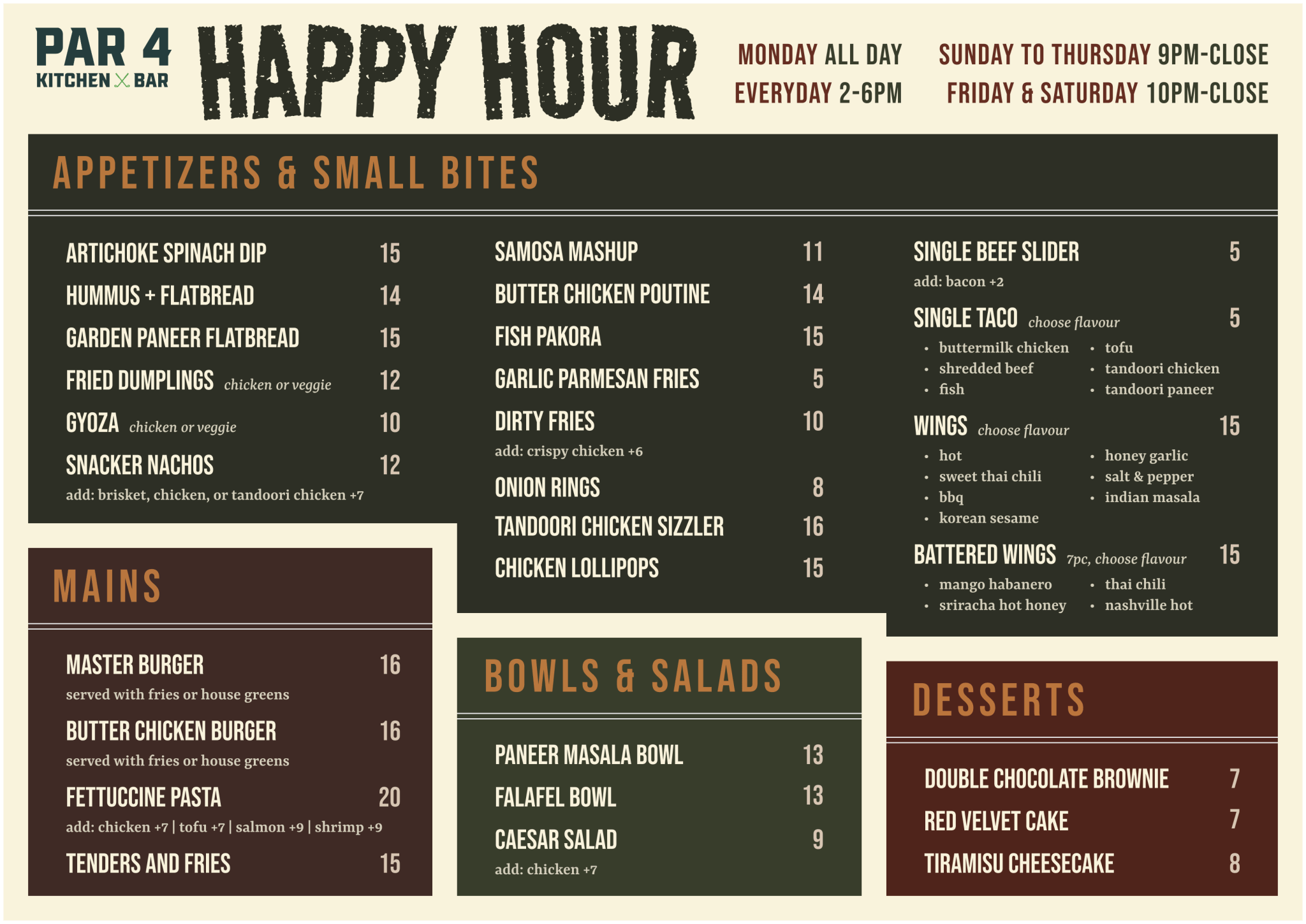 Menu - Surrey Happy Hour - Par4 Kitchen & Bar