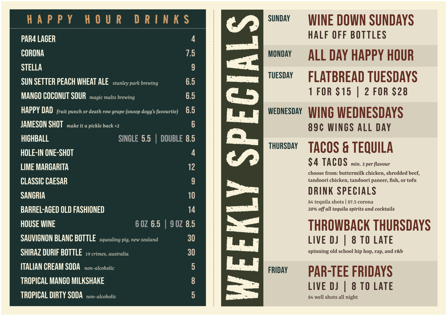 Menu - Surrey Happy Hour - Par4 Kitchen & Bar