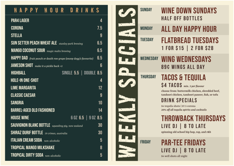 Menu - Surrey Happy Hour - Par4 Kitchen & Bar